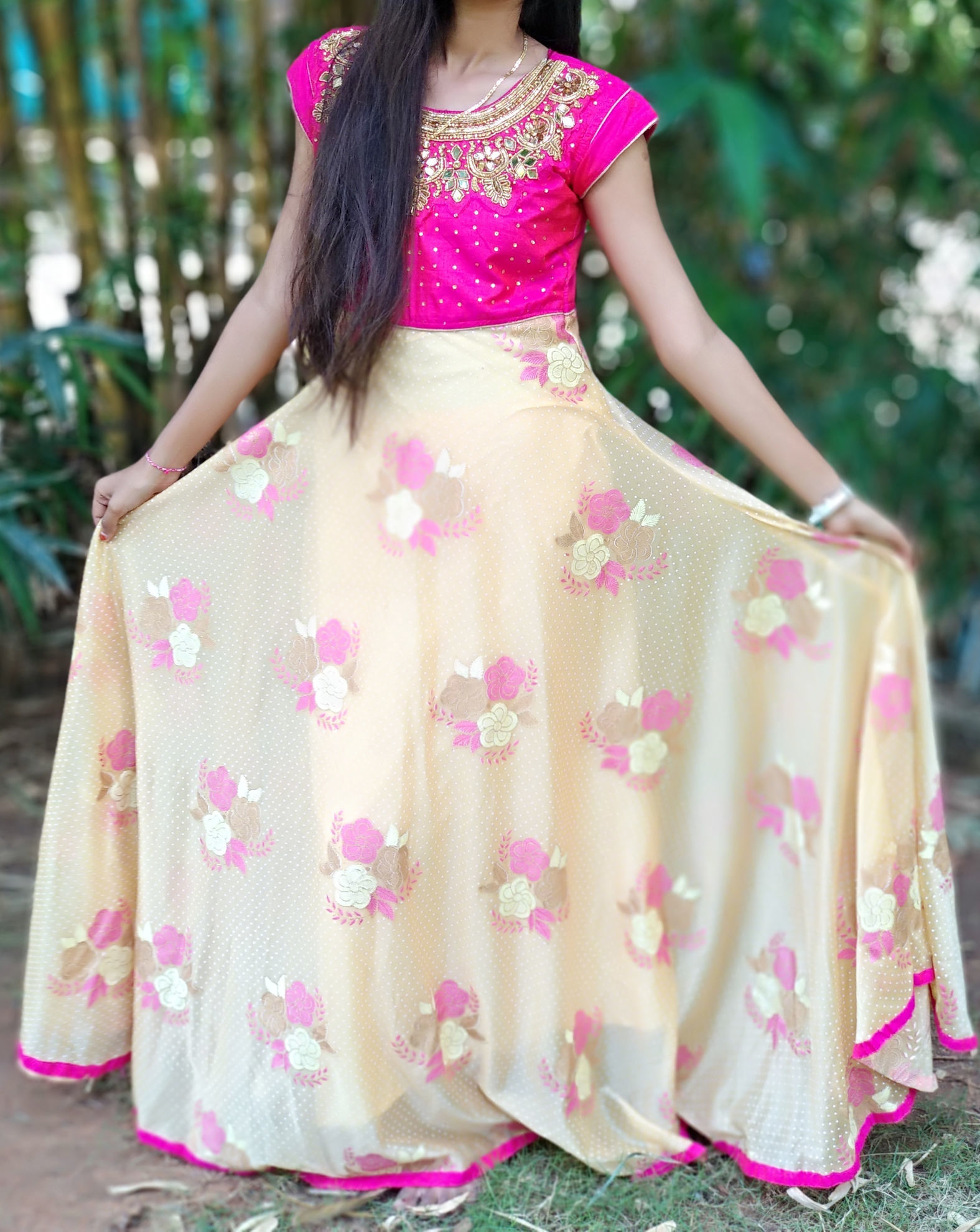 Punarvi - India Authentic|PreLoved|Sustainable Pink and cream long frock